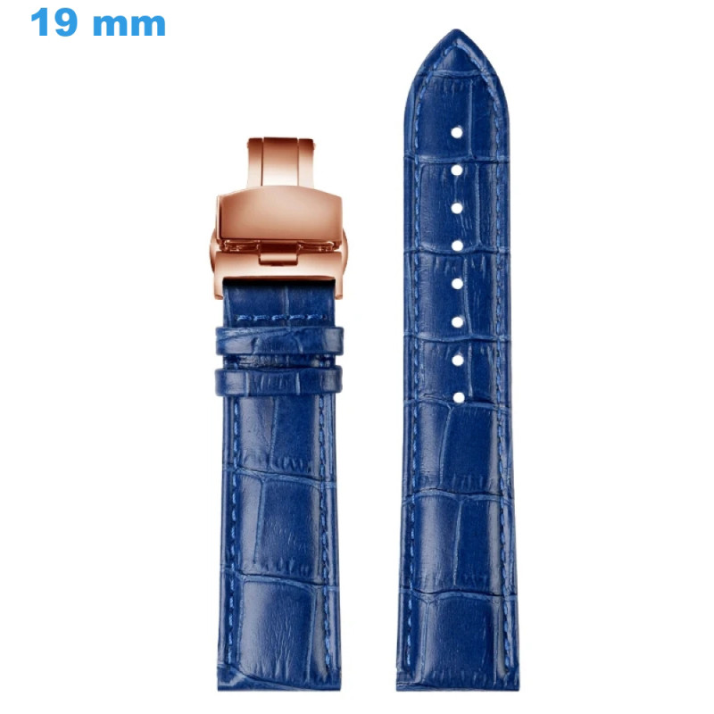 Bracelet 19 mm Cuir véritable Bleu de montre boucle Papillon